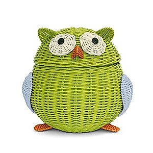 G6 COLLECTION Owl Rattan Storage Basket With Lid Decorative Bin Home Decor Hand Woven Shelf Organizer Cute Handmade Handcrafted Nursery Gift Animal Decoration Artwork Wicker Hoot Owl (Large, Green)