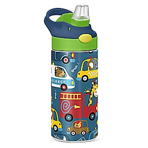 Kigai Funny Cartoon Car Kids Insulated Water Bottle with Straw - Stainless Steel Travel Tumbler Double Wall Vacuum Leak Proof Kids Cup Hot for School Boys Girls