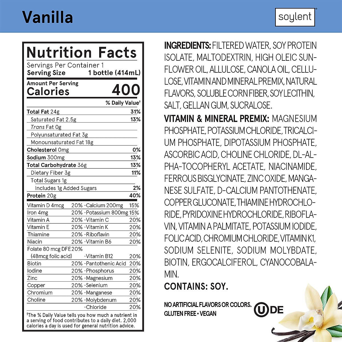 Soylent Vanilla Meal Replacement Shake, Ready-to-Drink Plant Based Protein Drink, Contains 20g Complete Vegan Protein and 1g Sugar, 14oz, 12 Pack