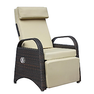 Outdoor Recliner Chair,PE Wicker Adjustable Reclining Lounge Chair and Removable Soft Cushion, with Modern Armchair and Ergonomic for Home, Sunbathing or Relaxation (Brown + Khaki)
