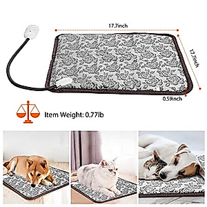 Pet Heating Pad, Cat Electric Heating Mat Waterproof, Pets Heated Bed Adjustable Dog Bed Warmer Electric Heating Mat with Chew Resistant Steel Cord (17.7x17.7, Flower)
