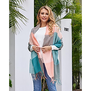 Fuinloth Women's Large Plaid Scarf Fashion Long Shawl Wrap for Winter Warm Lightweight Green Pink