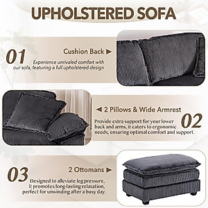 LuxyHoom 84.6" Sectional Sofa Couch, Loveseat Sofa Chaise Lounge, Modern Modular Convertible Couch, 2 Ottomans, 2 Pillows, Corduroy Upholstered Recliner for Living Room, Home Theatre, Apartment, Grey