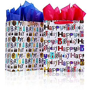 Elephant-package 2Pcs 12.6" Large Happy Birthday Gift Bags with Tissue Paper for Birthday Party.