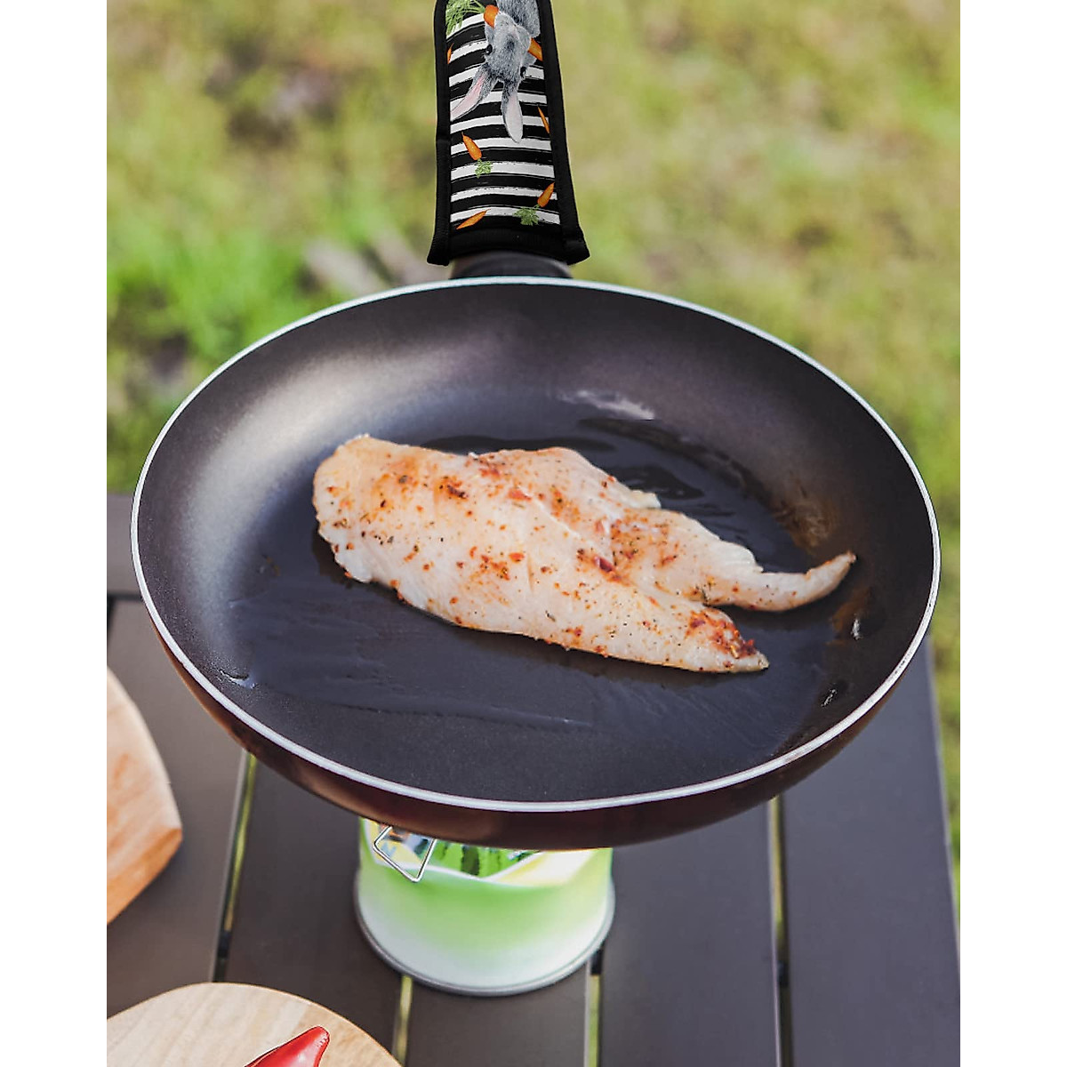 2 Pack Cast Iron Handle Cover, Spring Easter Pot Holders Covers Heat Insulation, Black and White Striped Bunny Carrot Skillet Handle Cover Hot Pan Handle Sleeve for Kitchen Cooking Cookware