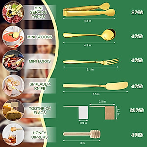 38 Pcs Charcuterie Boards Accessories, Gold Stainless Steel Charcuterie Utensils Set, Including Cheese Butter Spreader, Mini Serving Tongs, Knives, Spoons, Forks, Honey Dippers and Toothpick Flags