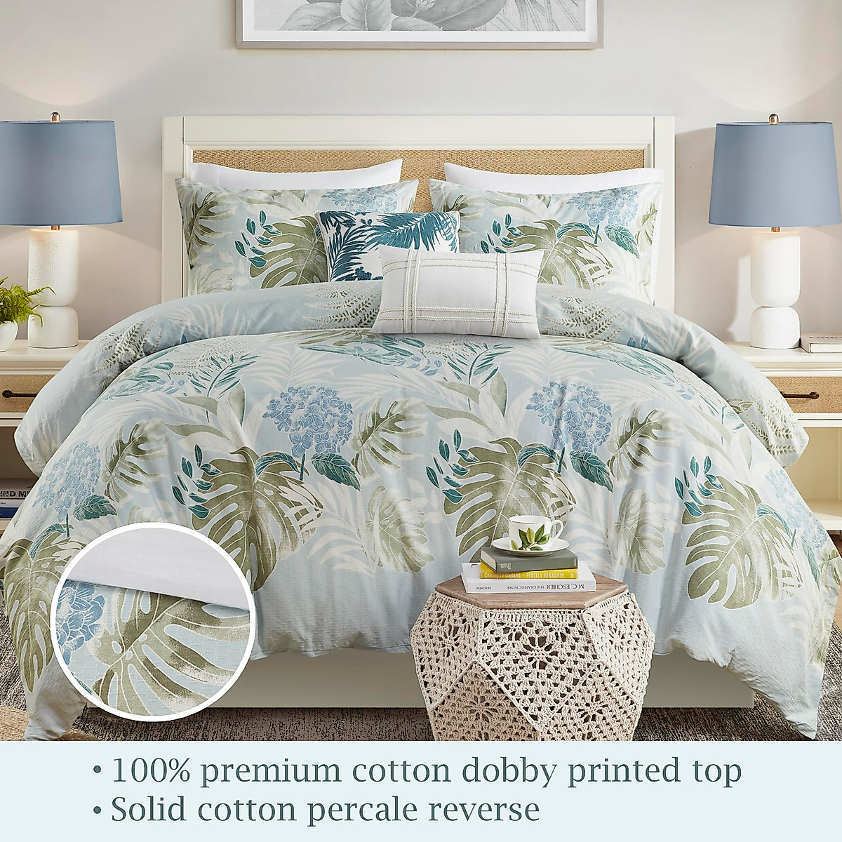 Harbor House King Duvet Cover Set, Tropical Palm Print, Soft Cotton Oversized Duvet Cover for a King-Size Bed, Coastal Bedding Cover, 2 Shams, 2 Décor Pillows, Kiawah Island, King/Cal King Blue