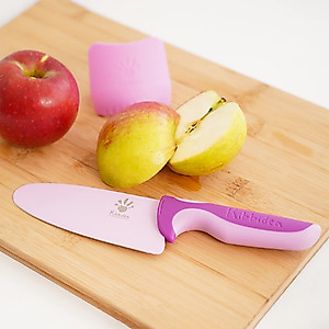 Kibbidea Kid Chefs Knife for Real Cooking, Stainless Steel Kids Kitchen Knife, BPA-Free Kids Friendly Knife with Finger Guard, Cut-proof Glove, Kids Chef Knives Set for Cutting (Purple)