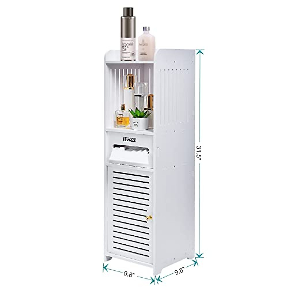 ITWAZ Multipurpose Bathroom Standing Cabinet with Single Door and 3-Layer, Free-Standing Shelves for Living Room Bathroom Storage Cabinet,9.8" Lx9.8 Wx31.5 H White B