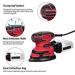 Detail Sander, 13,000 OPM Hand Electric Sander with 20PCS Sanderpapers, 220W Compact Power Sander Includes Dust Collector, for Woodworking Sanding, Polishing