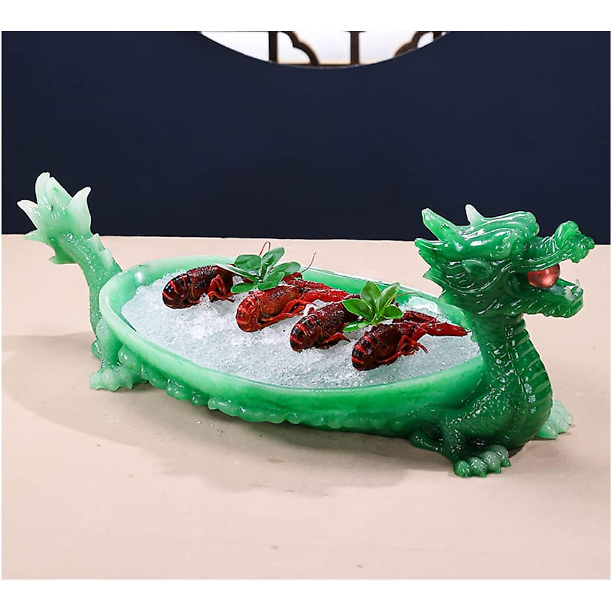 2 PCS Resin Dragon Sushi Boat Serving Tray Set, 21.3Inch Seafood Plate, Japanese Food Tableware, Salmon Platter, Dry Ice Plate, Large Sushi Boat Plate for Sashimi Board Seafood Party, Gold/Green