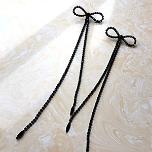 Jumwrit Rhinestone Bow Earrings Extra Long Dangle Earrings Sparkly Tassel Drop Earrings Big Bowknot Stud Earrings for Women Teen Girls (Black)