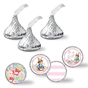 Little Rabbit Girl Baby Shower Kiss Sticker Labels, 300 Party Circle Stickers Sized 0.75 inches for Chocolate Drop Kisses by Amanda Creation, Great for Favors, Treats, Envelope Seals & Goodie Bags