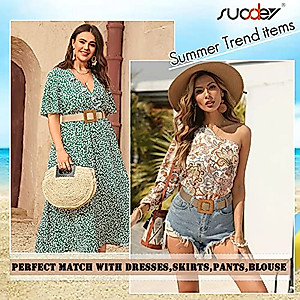 SUOSDEY 2 Pack Straw Woven Elastic Belt Braided Stretch Wide Belt for Women Dress