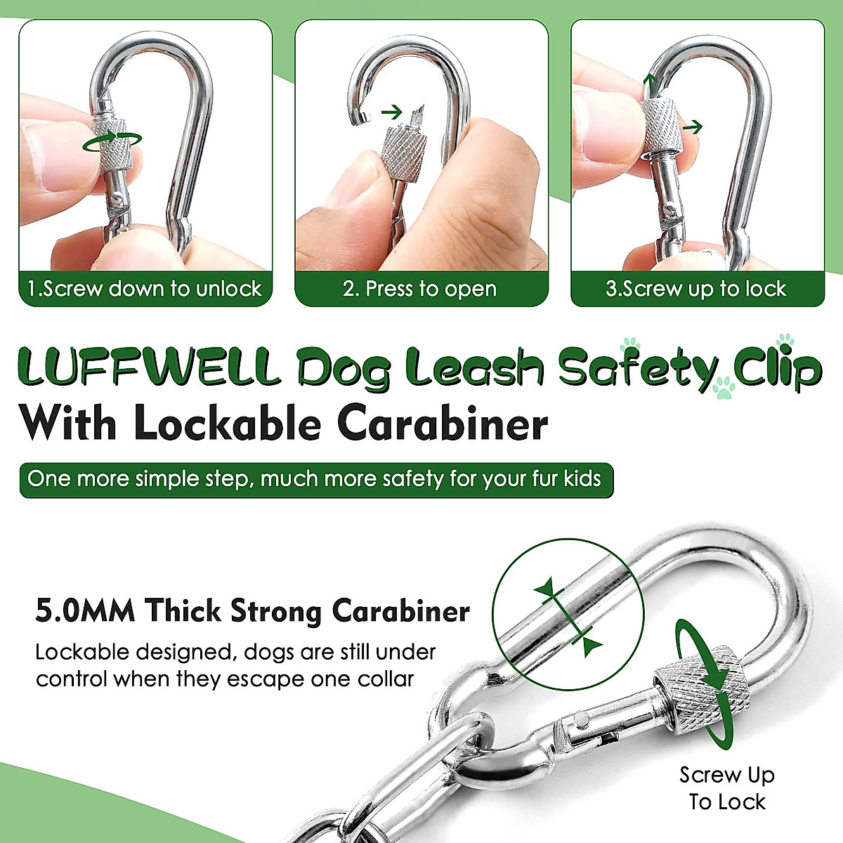 Dog Collar Backup Clip, Chew Proof Double Ended Backup Metal Safety Clasp Pet Dog Leash Connector, Heavy Duty Chain Safety Clip for Prong Collar, Dog Harness, Pinch Collar, Gentle Lead with Carabiner