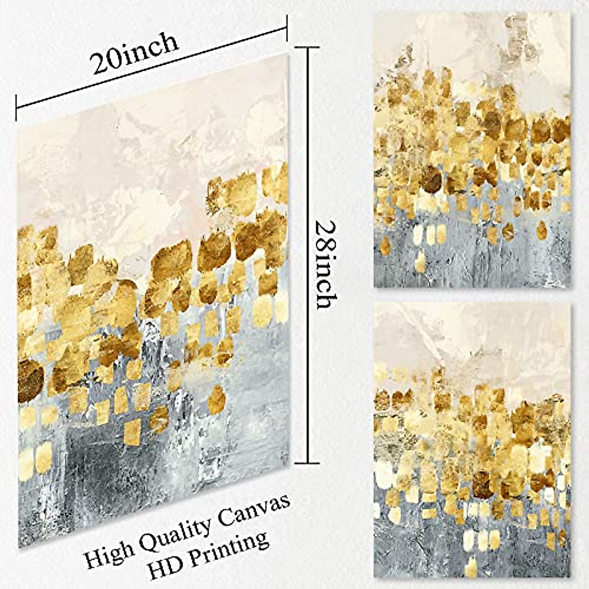 Vlejoy Abstract Gold and Gray Wall Art Foil Canvas Artwork for Living Room Poster Luxury Painting Bedroom 20x28inchx3 Frameless