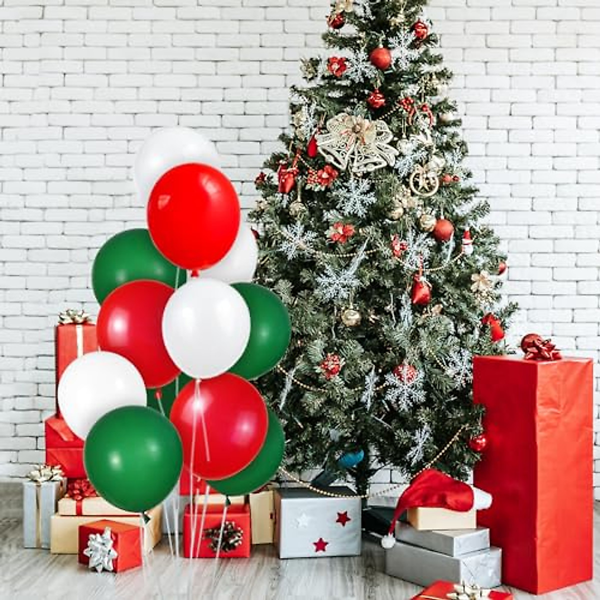 100 Pcs Christmas Red Green Balloons 12 Inch Red Green and White Latex Balloons with 65ft Ribbon for Christmas Birthday Baby Shower Party Decorations