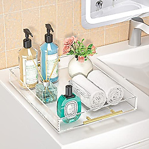 HIIMIEI Acrylic Serving Tray 12x16 Inch, Clear Trays with Gold Handles, Decorative able Tray for Coffee, Appetizer, Breakfast, Bathroom, Vanity