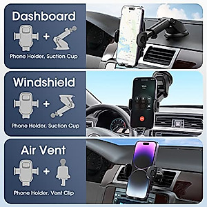 OBAZHA Car Cell Phone Holder Mount - 3in1 Car Cell Phone Holder for Dashboard, Air Vent, Windshield Compatible with iPhone, Samsung Galaxy and 4.7 to 6.9 inches Other Smart Phones