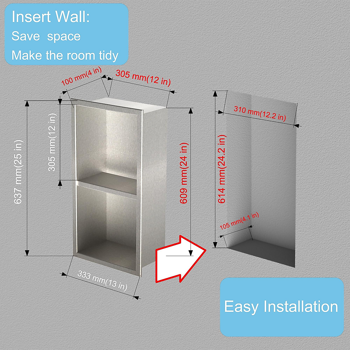 IKITRAEE Finished Shower Niche for Bathroom Storage,No Tile Needed,Recessed Wall Niche,Double Layer Storage,Made of Stainless Steel,24 in X12 in X4 in，Primary Color Brushed