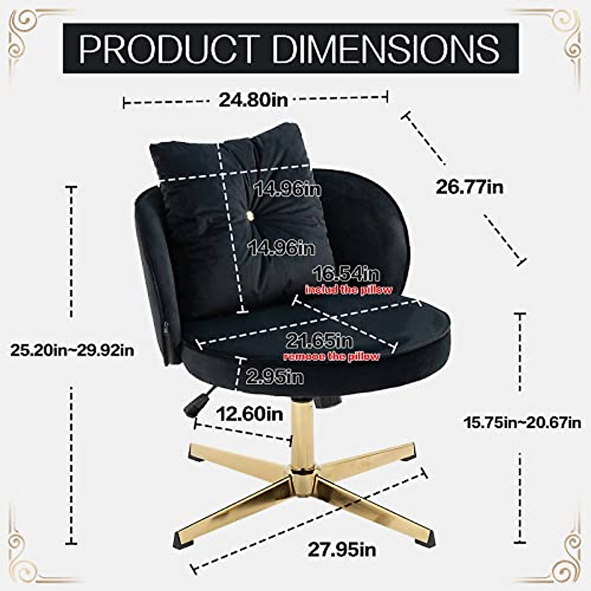 Sudwesto Armless Home Office Chair, Cross Legged Office Chair, Adjustable Swivel Task Chair for Small Space, Living Room, Make-up, Studying, Office (Black Gold)