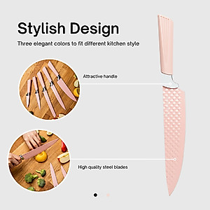 Bakedger 7 pieces knives set, ultra sharp, attractive design, chef knife, slicing knife, bread knife,utility knife paring and shears, scissors, peeler, stylish design, Pink