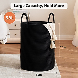 Fiona's magic Woven Rope Laundry Basket, 58L Tall Laundry Hamper for Blanket Storage, Large Baby Nursery Basket for Laundry, Decorative Clothes Hamper for Bedroom, Living Room and Bathroom, Black