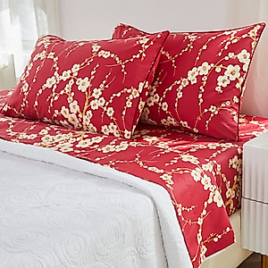 Brandream Floral Sheet Set Twin Size Japanese Oriental Style Cherry Red Blossom Flower Branches Print Chinoiserie Bedding Pillowcases Set 800TC Egyptian Cotton Sateen Botanical Tree Deep Pocket, 4 Pcs