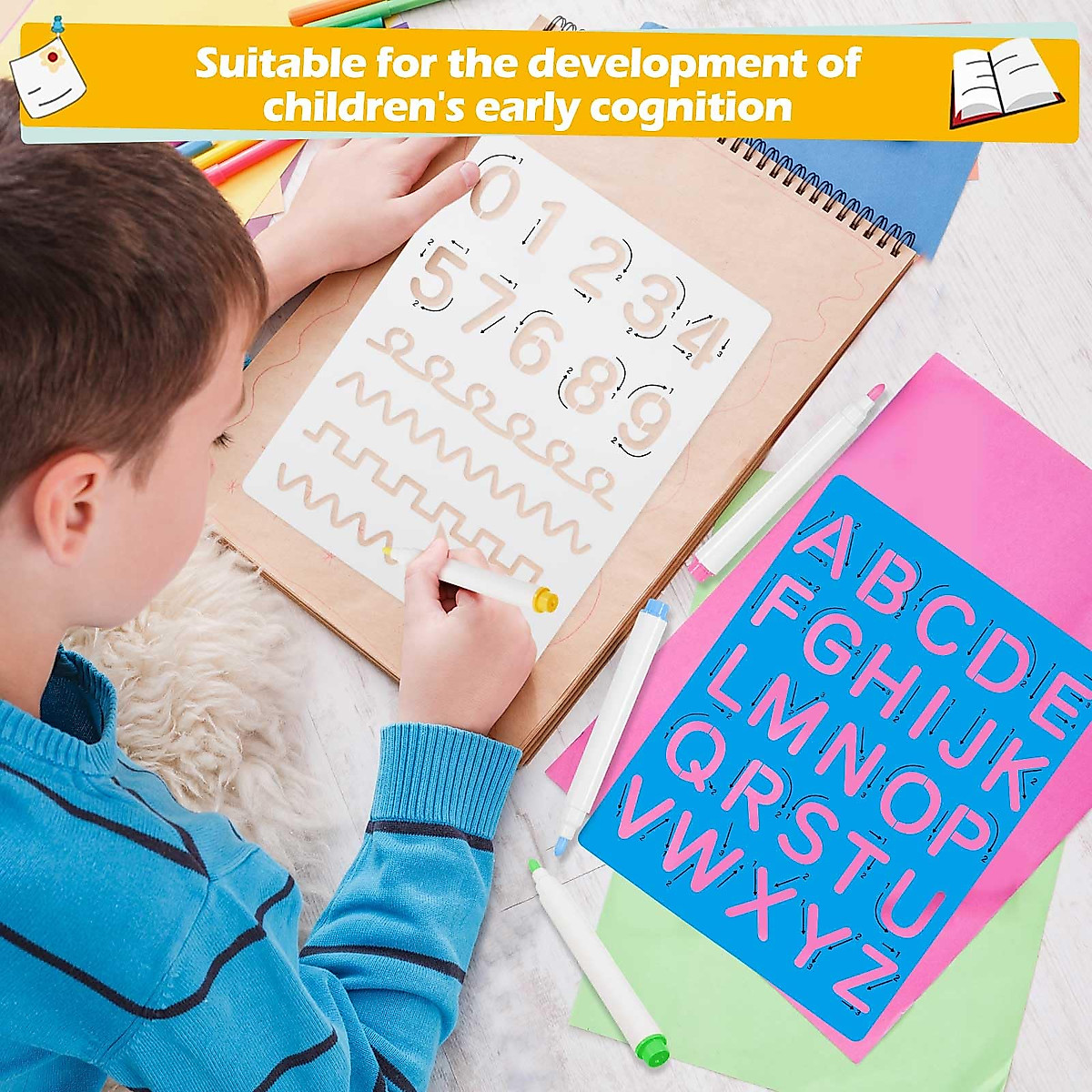 Gersoniel 10 Pieces Preschool Letters and Numbers Alphabet Stencils Colorful Double Sided Tracing Board PET Paint Boards for Painting with Craft Markers Marker Paint Pens Preschool Learning Toys