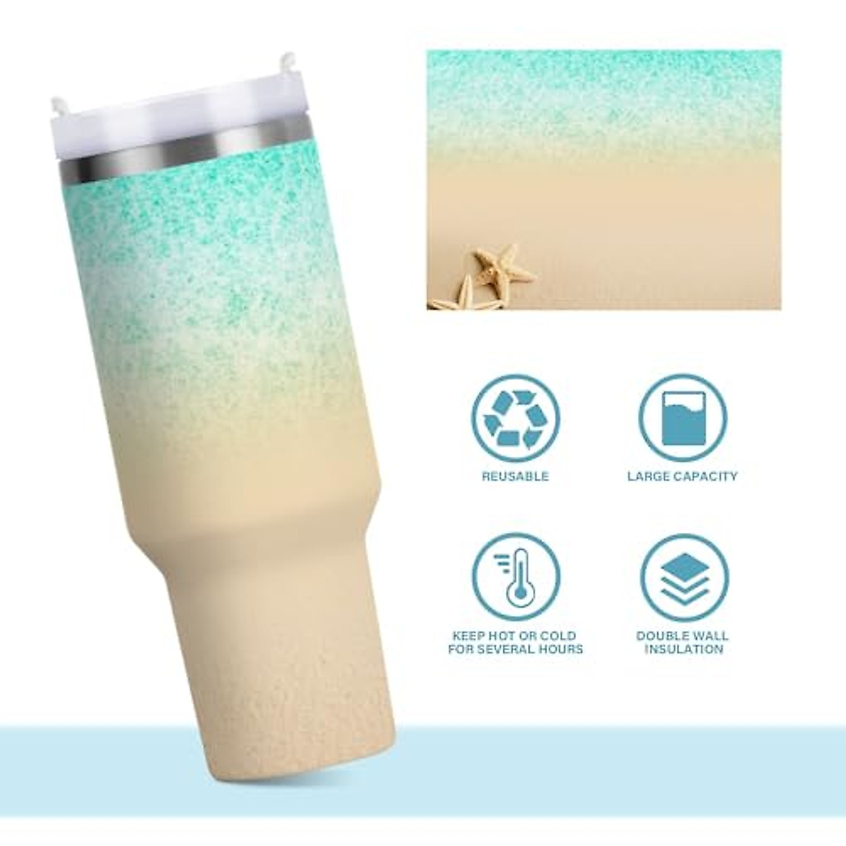40 Oz Fall Insulated Tumbler with Straw and Handle, Beach Starfish Leak Proof Tumbler