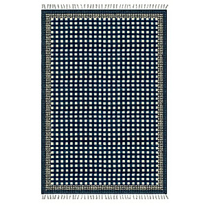 Casavani Hand Block Printed Area Rug Hand Made Geometric Blue Tassel Rug Cotton Easy Washable Rugs Best Uses For Doormat Entryway Kids Room Bedroom Hallway 4x8 6x8 7x7 Feet Square