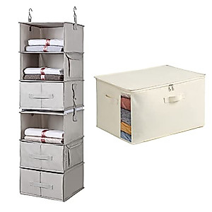 Vailando 6-Shelf Hanging Closet Organizer with Large Canvas Storage Bags for Closet Organizers and Storage,Wardrobe Comforter Clothes Sweater Blanket Organizer 22