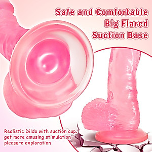 Pink Jelly Lifelike Realistic Dildo Silicone Adult Sex Toys for Women, 9 Inch Body-Safe Material Huge Dildo with Strong Suction Cup, Curved Shaft and Balls for G-spot, Vaginal and Anal Play