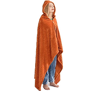 Vessia Flannel Fleece Striped Throw Blanket (50x70inch), 300GSM Microfiber Orange 2 in 1 Hooded Blanket for Adults Teenager, Soft Warm Cozy Lightweight Ribbed Wearable Throw for All-Season