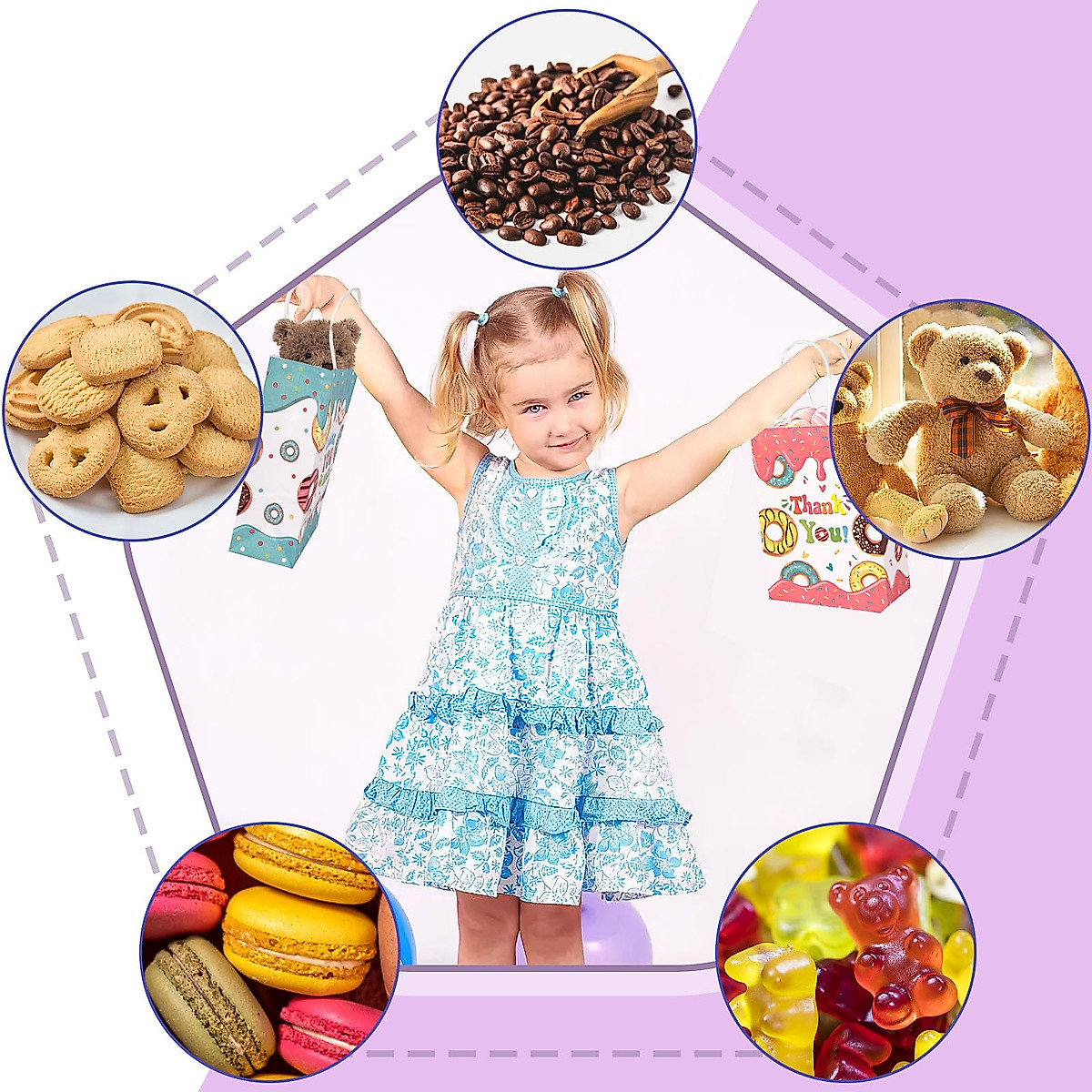 VGOODALL 24PCS Donut Gift Bags, 5.5" x 2.8" x 8" Paper Bags Thank You Gift Bags with Handles Party Favor Bags Goodie Bags for Party Supplies Birthday Treat Bags