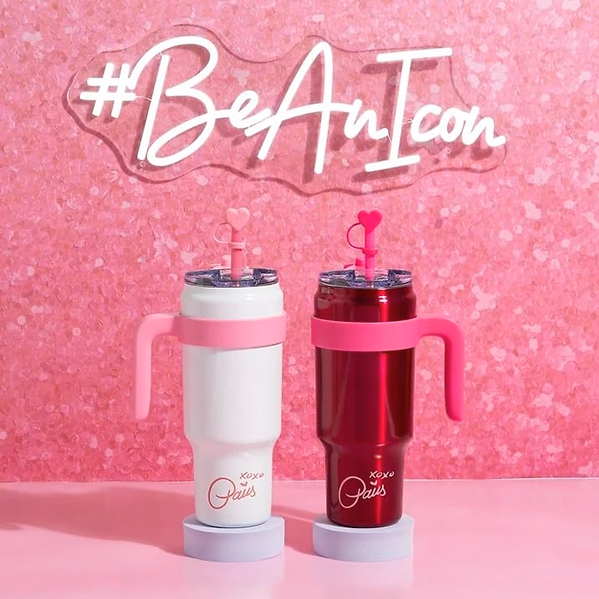 Paris-Hilton 40oz Stainless Steel Tumbler Set with Lid, Straw & Handle, Insulated Travel Mug for Hot & Cold Drinks, Double-Wall Vacuum Cup, Spill-Resistant, BPA-Free, Raspberry Pink & White