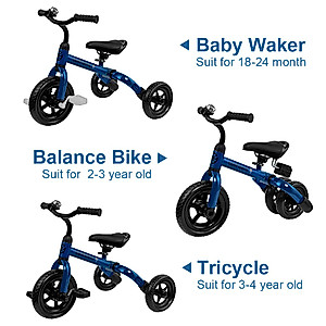 YGJT 3 in 1 Tricycle for Toddlers Age 2-5 Years Old, Folding Kids Balance Bikes with Adjustable Seat and Removable Pedal, Ride-on Toys for Infant, Gift for Baby Boys Girls Birthday(Blue)