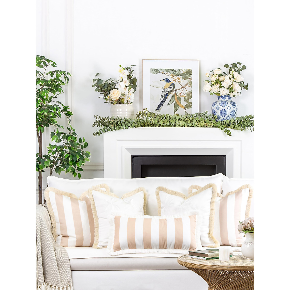 Hofdeco Premium Coastal Patio Indoor Outdoor Long Lumbar Pillow Cover Only, 12"x26" Water Repellent for Backyard, Couch, Neutral Tan Stripes with Fringe