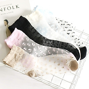 Cityelf 5 Pairs Ultra Thin Summer Socks Women Transparent Lace Elastic Silk Stockings Sheer Short Anklets (ONE SIZE FITS ALL, polka dot)