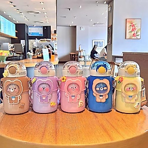 Kawaii Bear Straw Water Bottle with Shoulder Strap, Leak-proof Stainless Steel Vacuum BPA free Cute Insulated Water Bottles and Kawaii Stickers for Girls School Office(Pink)