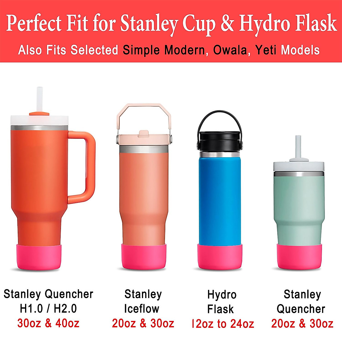 KTKUDY 2Pcs Protective Silicone Boot for Stanley Quencher Tumbler 30 oz 40 oz & IceFlow 20oz 30oz & Hydro Flask Water Bottle 12-24oz - Cup Bottom Sleeve - Stanley Cup Accessories, Rose red