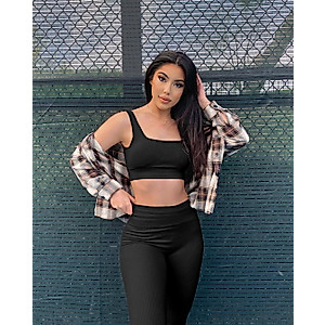 OQQ Women's 2 Piece Yoga Leggings Ribbed Seamless Workout High Waist Athletic Pants Black Black