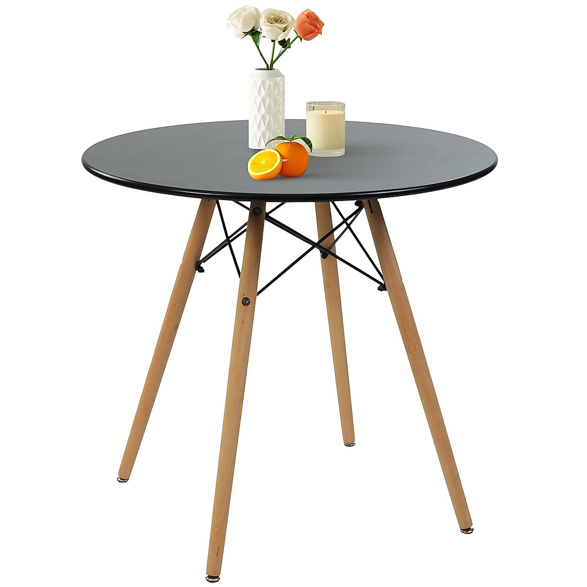 FurnitureR 31.5 Inch Modern Round Dining Table with Wooden Legs for Home Kitchen Living Room Corner Small Spaces Leisure, Black