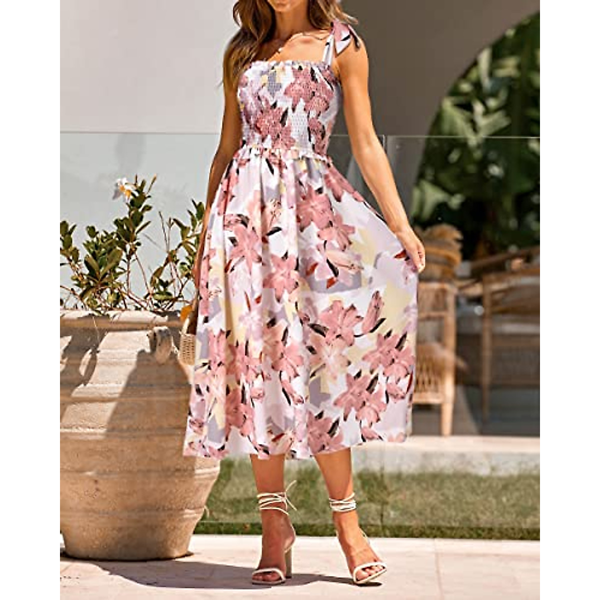 PRETTYGARDEN Women Summer Dresses 2023 Tie Strap Square Neck Smocked Ruffle Flowy Floral Print Boho Maxi Cocktail Dress(Floral Pink,X-Large)