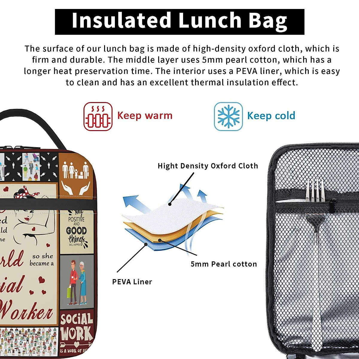 KIYIYZER Social Worker Lunch Bag Insulated Reusable Lunch Box Portable Cooler Tote Bag For Women Men Adults Work Picnic,Give A Gift To Social Work Practitioner
