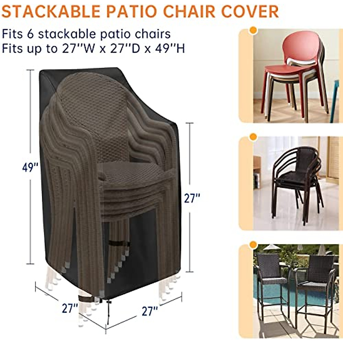 MAVINCHER Patio Chair Covers, High Back Outdoor Chair Covers Waterproof, 600D Heavy Duty Lawn Outside Barstool Chair Covers,Fits for 4-6 Stackable Dining Chairs,27"W x 27"D x 49"H, 1 Pack