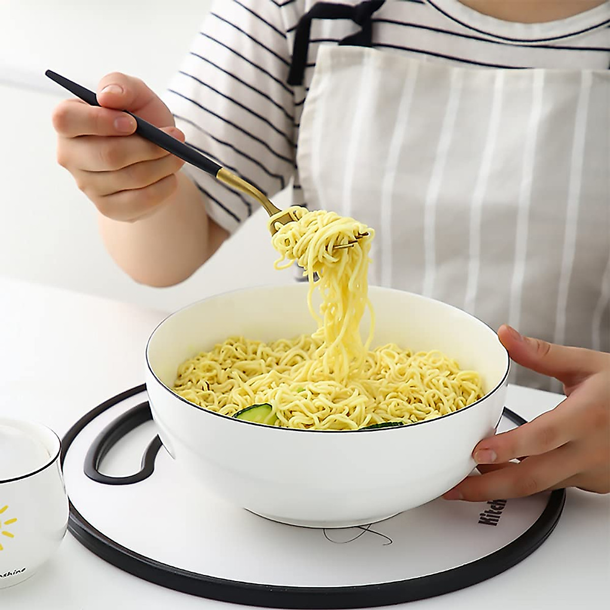 QINLANG 60 Ounces Large Soup Bowl, 8 Inches Pho Bowls, Large Ramen Bowls Set of 3, Off-White Porcelain Big Serving Bowls for Salad and Kitchen