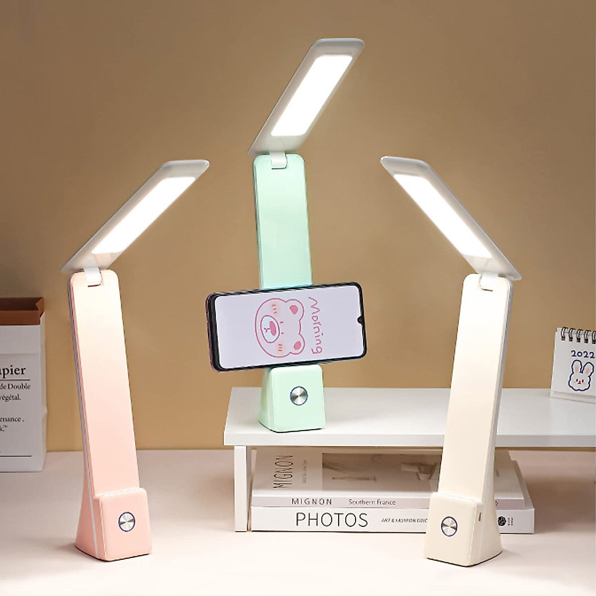 CometMars LED Desk Lamp (Green), Cordless Lamp with 3 Lighting Modes, Rechargeable Reading Lamp with Adjustable Arm, Foldable Eye Caring Table Light for Home Office Study