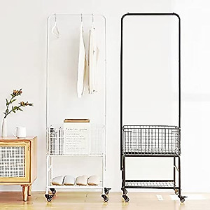 Rolling Laundry Basket with Wheels,Clothing Rack for Garment Hanger,Storage Metal Cart, White Color, Large Capacity Room Organization,Metal Movabel Laudry Basket, (White)