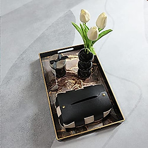 Leemxiiny Black Marbling Decorative Tray with Handles, Morden Plastic Rectangular Serving Tray for Coffee Table Bathroom, Ottoman, Home Decor, 15.7"* 10.2"* 1.38"